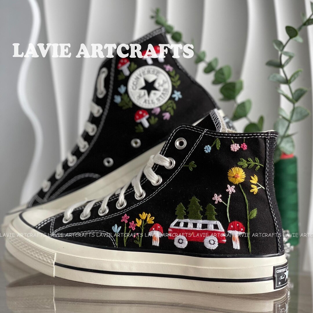 Flowers and Bus Embroidered Converse, Bus Summer Embroidery Shoes ...