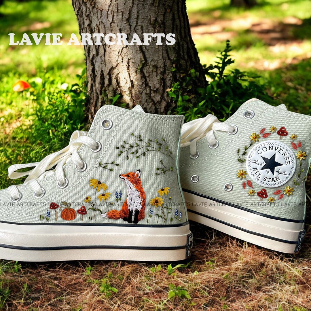 Fox Summer Embroidered Converse, Flower Fox Embroidered Converse ...
