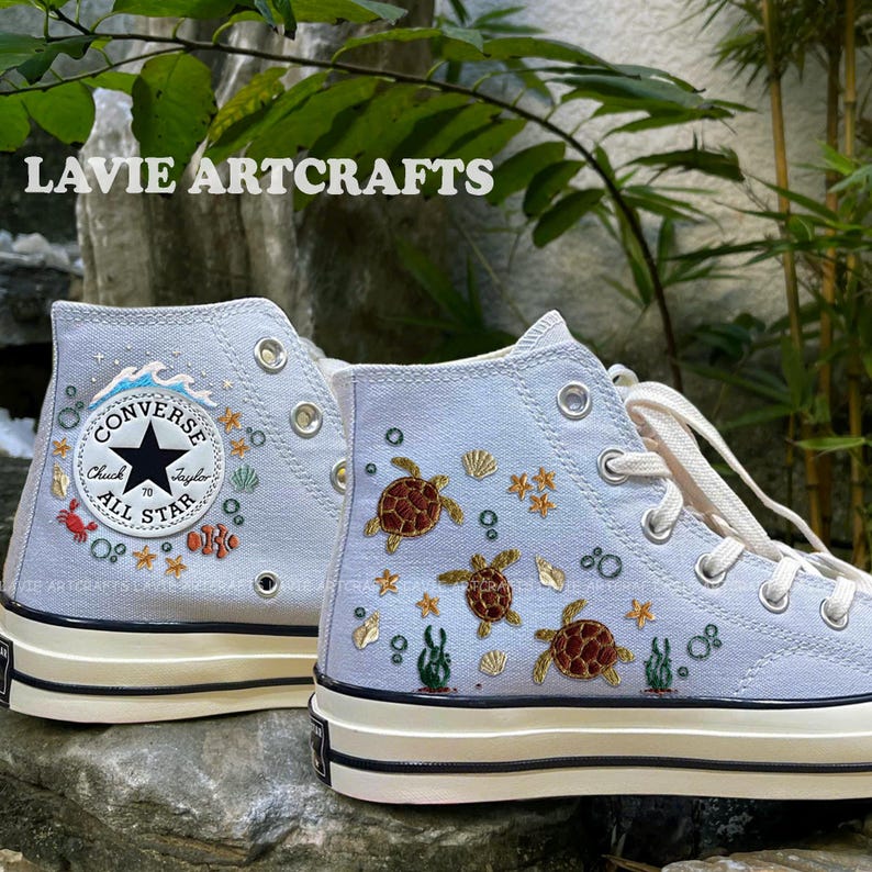 Turtle Embroidered Converse, Custom Converse Chuck Taylor 1970s Turtle ...