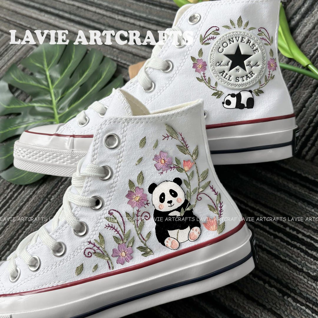 Panda Flower Embroidery Converse, Embroidered Panda Converse, Custom ...