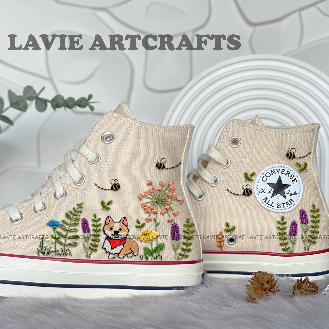 Dog Embroidered Converse Custom, Pet Embroidered Sneaker, Corgi ...