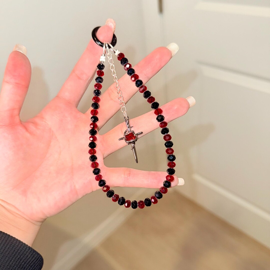 Dark Romance Red and Black Beaded Phone Charm – Gothic Cross Pendant ...