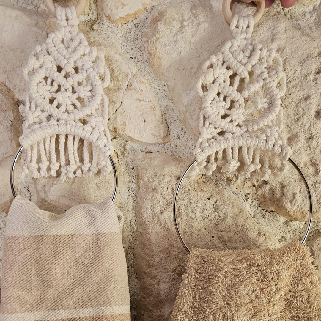 Macrame Heart-shaped Tea Towel Holder With Metal & Wooden Ring, Cotton ...