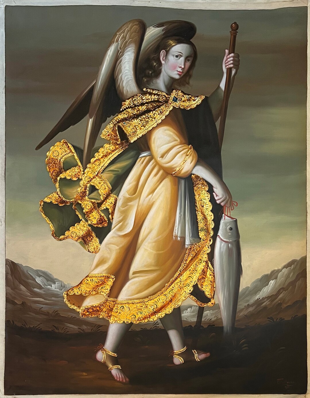 Golden Archangel Raphael Painting on Canvas Cusco School of Art ...