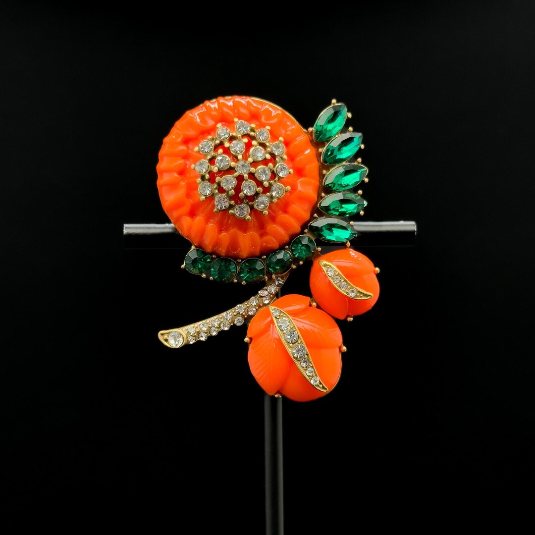 Vintage Art Deco Orange Flower Brooch: Rhinestone Resin Copper - Etsy