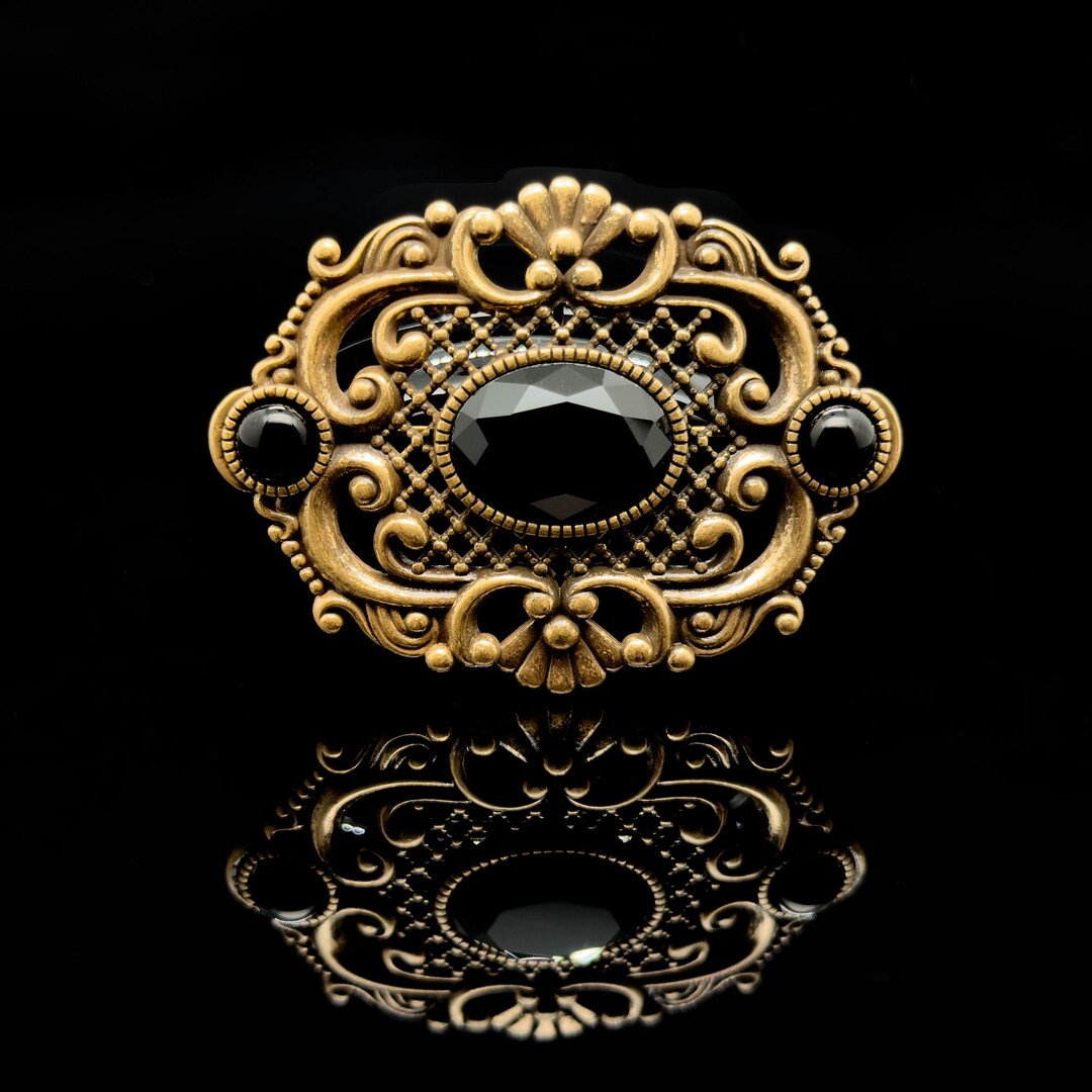 Vintage Decorative Brooch, Art Deco Brooch, Black Crystal Brooch, Leaf ...