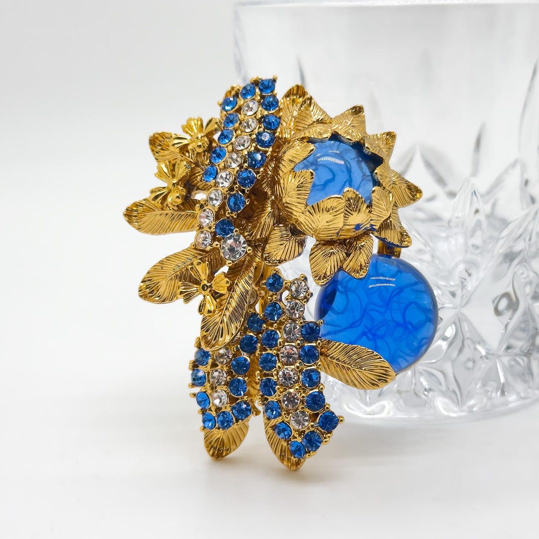 Vintage Deco Brooch,art Deco Brooch,blue Glass Brooch,3d Flower Brooch ...