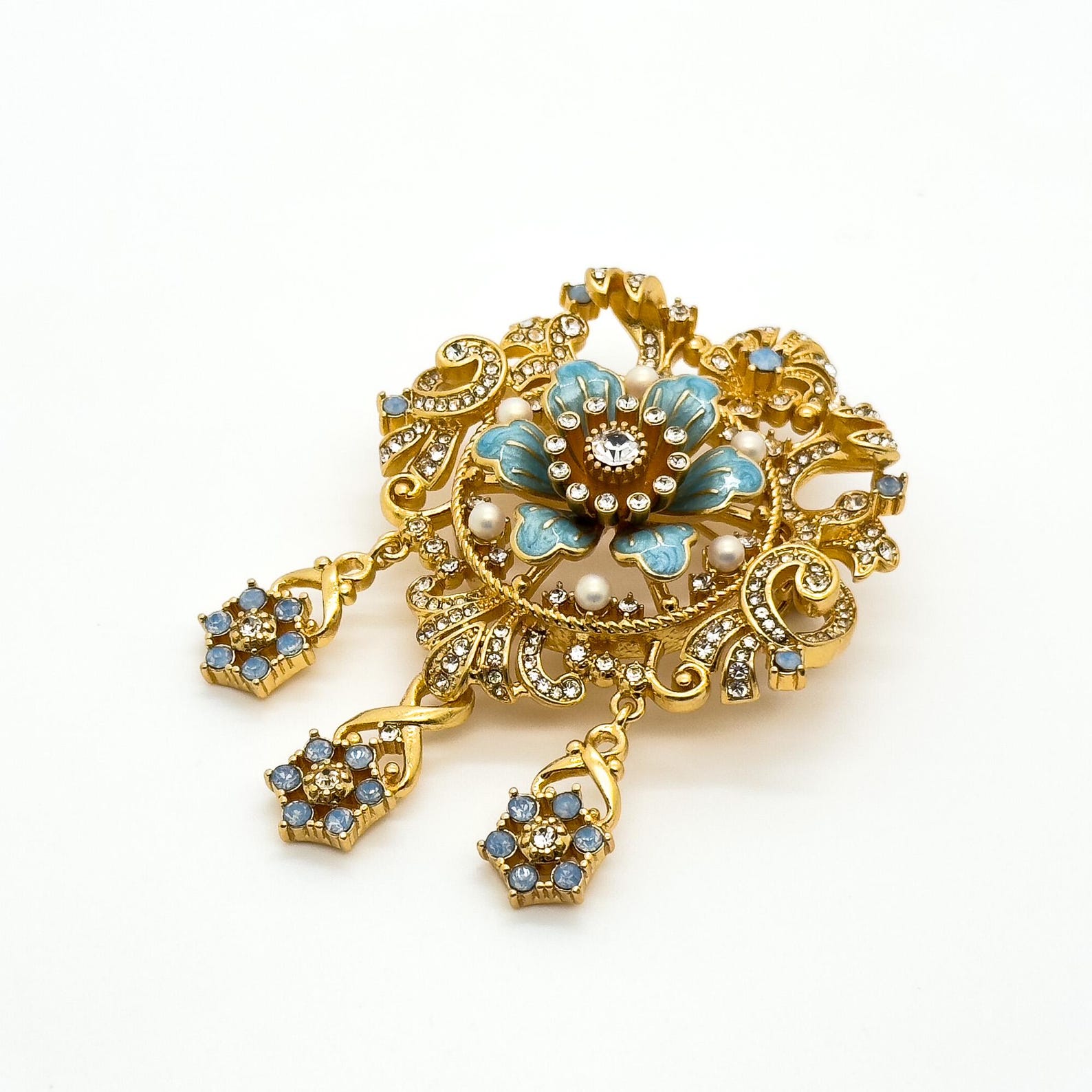 Vintage Style Brooch, Floral Brooch, Pearl Rhinestone Enamel - Etsy