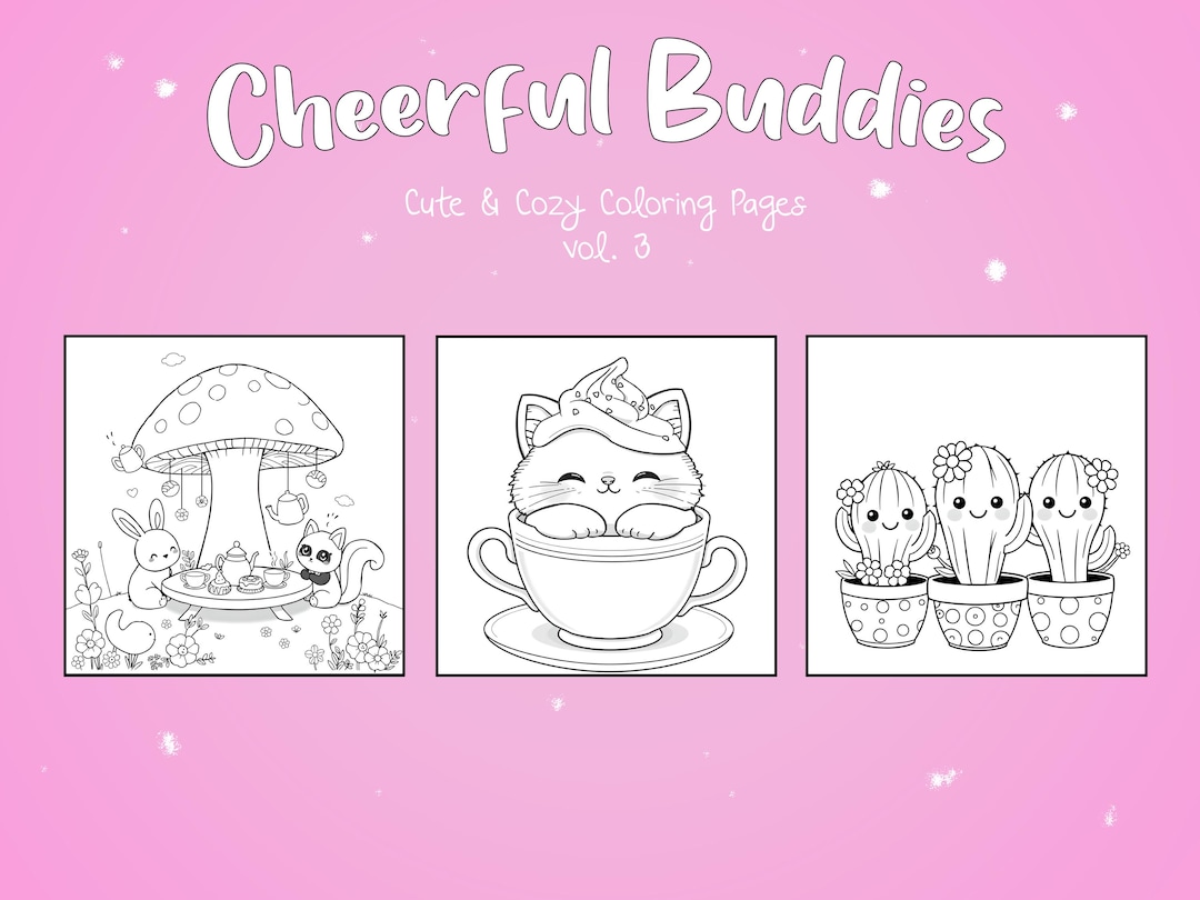 Cheerful Buddies 12 Cute and Cozy Coloring Pages Vol. 3 - Etsy