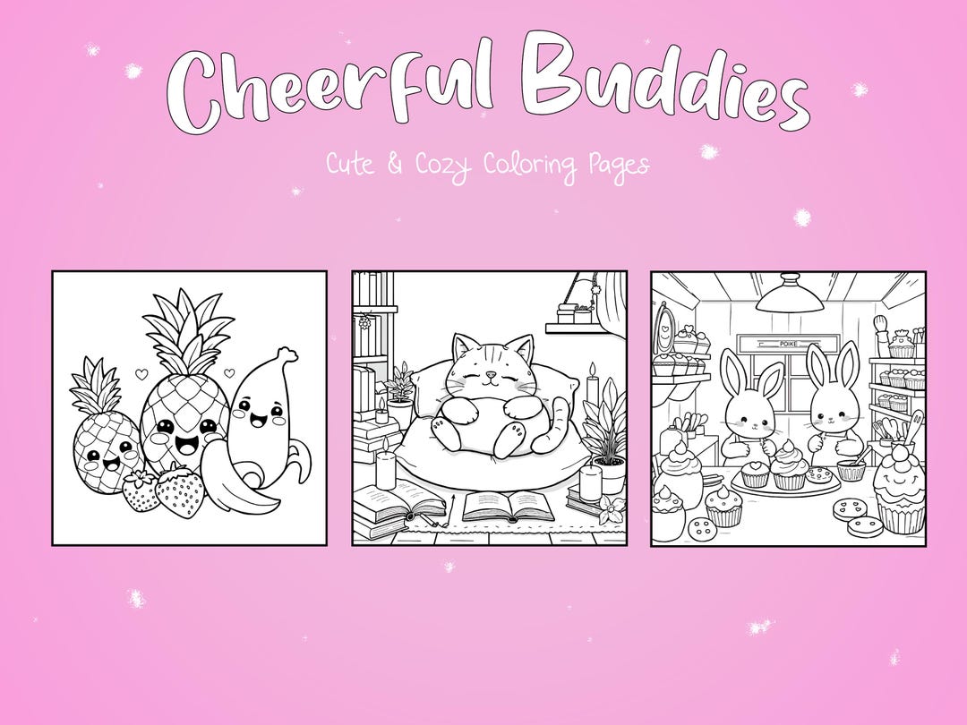 Cheerful Buddies 12 Cute and Cozy Coloring Pages - Etsy