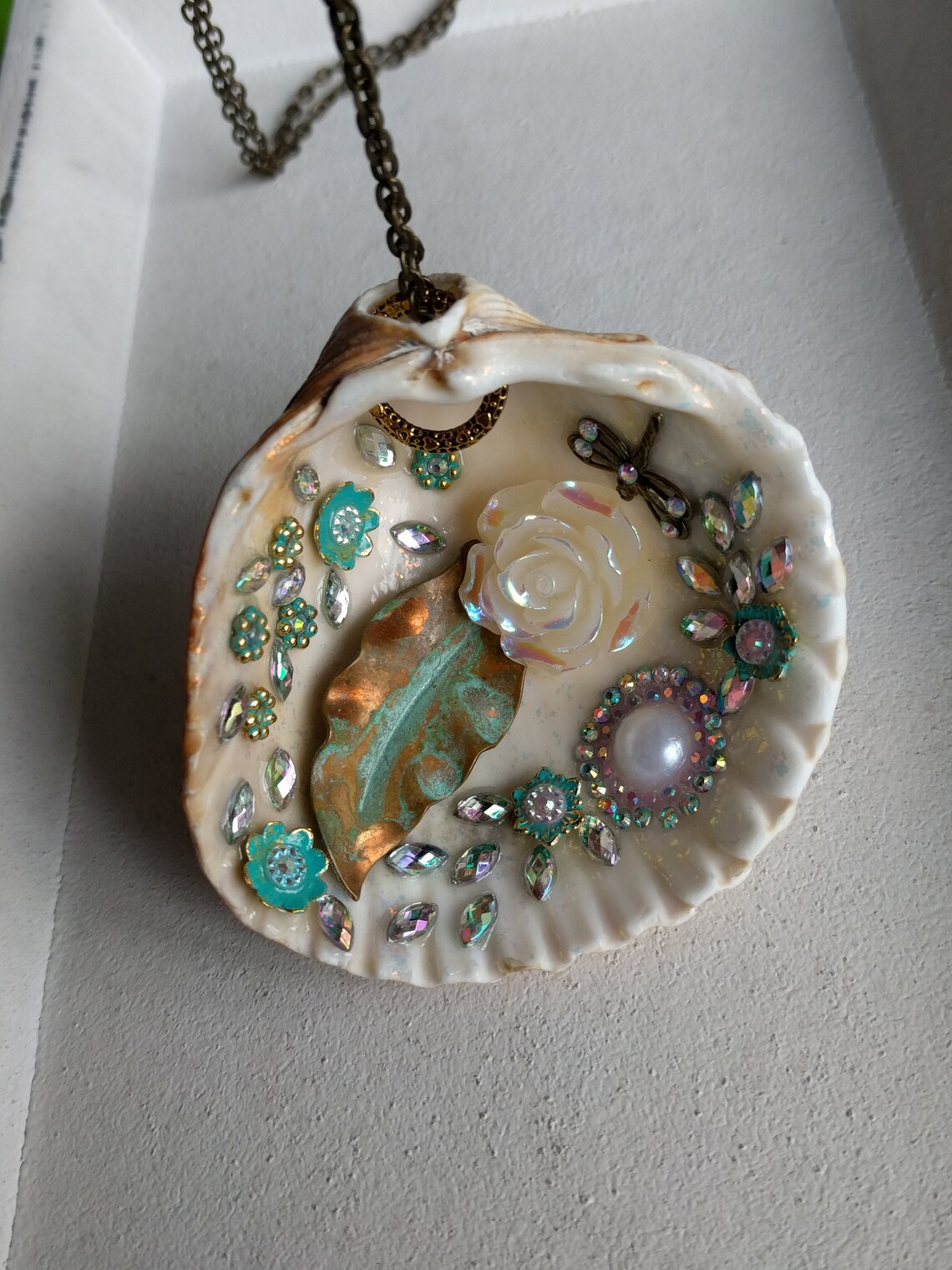 Magical Seashell Vintage Pendant White Rose Flower Rhinestone | Etsy