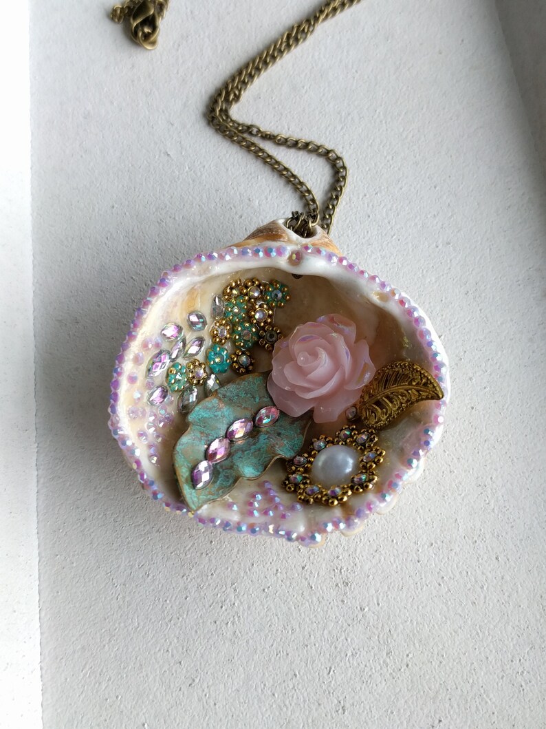 Magical Seashell Vintage Pendant Pink Rose Flower Rhinestone - Etsy