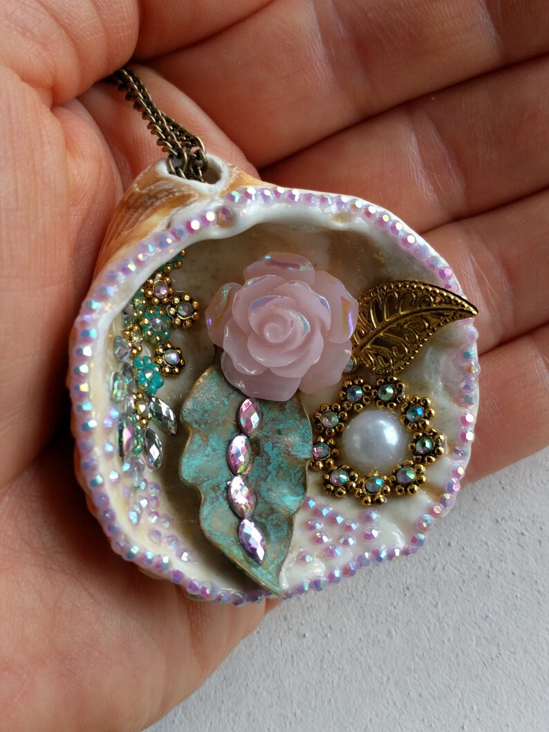 Magical Seashell Vintage Pendant Pink Rose Flower Rhinestone - Etsy