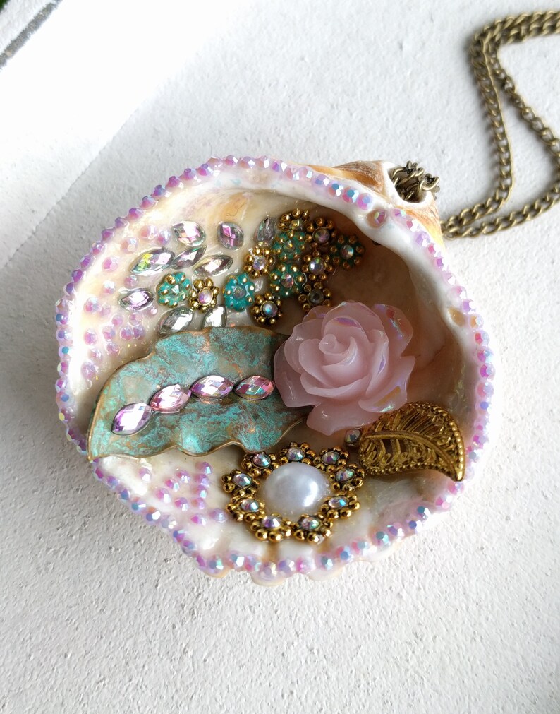 Magical Seashell Vintage Pendant Pink Rose Flower Rhinestone - Etsy