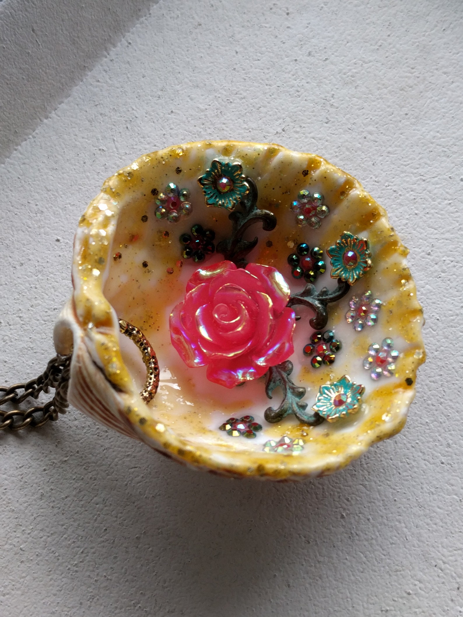 Magical Seashell Vintage Pendant Pink Rose Flower Rhinestone | Etsy