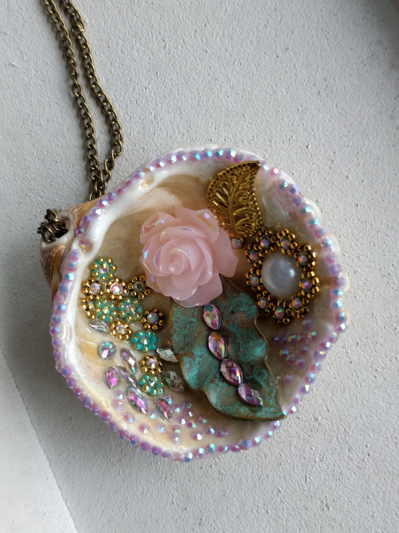 Magical Seashell Vintage Pendant Pink Rose Flower Rhinestone - Etsy