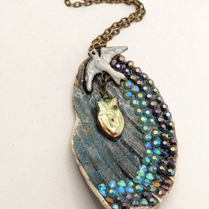 Vintage Pendant Necklace Bronze Shell Bird Seagull Keepsake Rhinestone ...