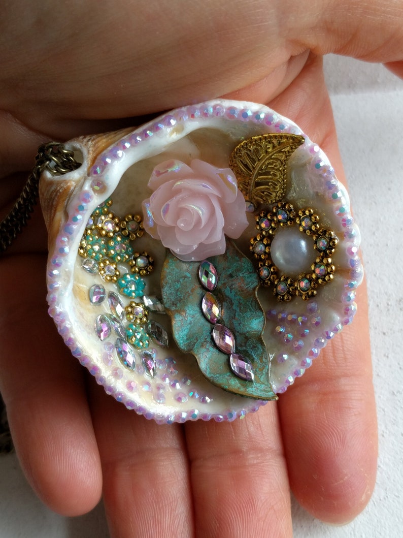 Magical Seashell Vintage Pendant Pink Rose Flower Rhinestone - Etsy
