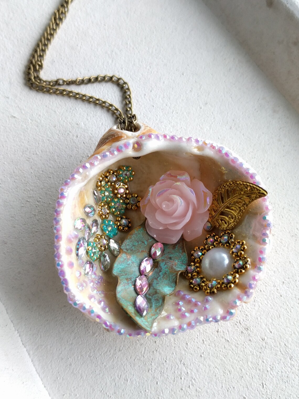 Magical Seashell Vintage Pendant White Rose Flower Rhinestone | Etsy