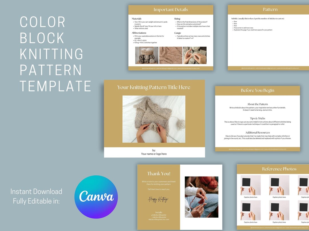 Knitting Pattern Editable Template, Color Block Pattern Template, Canva ...