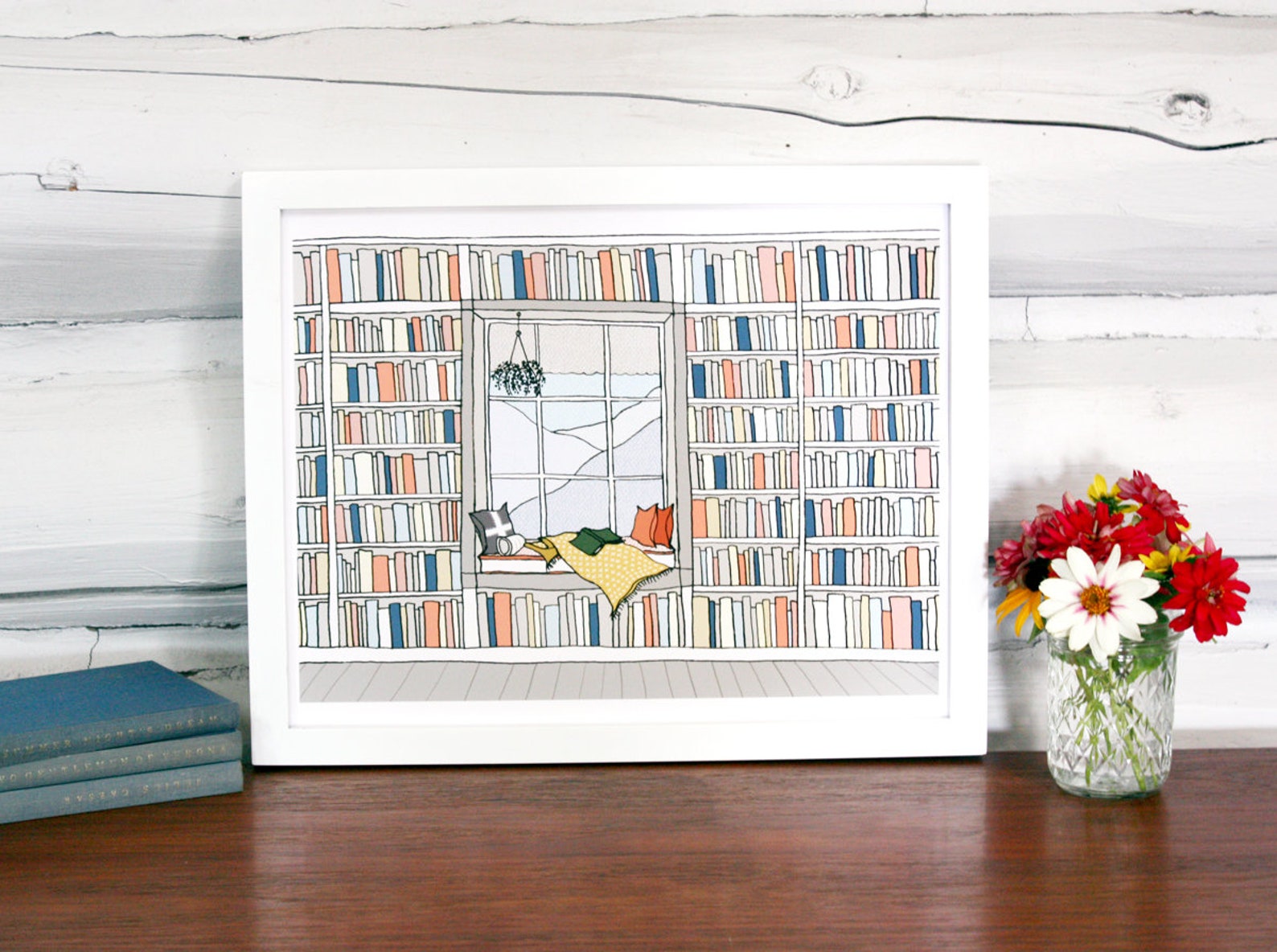 A Window Seat Illustrated Art Print Library Art Books by | Etsy
