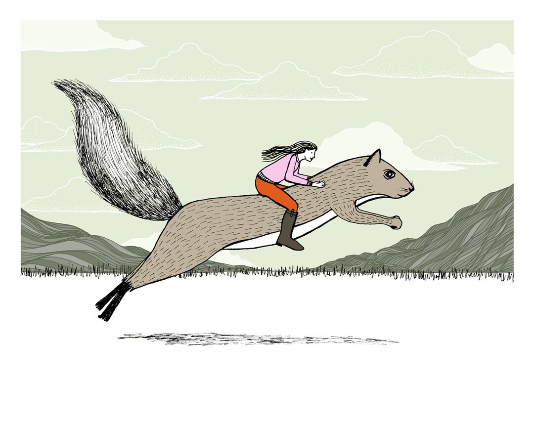 Girl Riding a Squirrel Illustration Art Print - Etsy