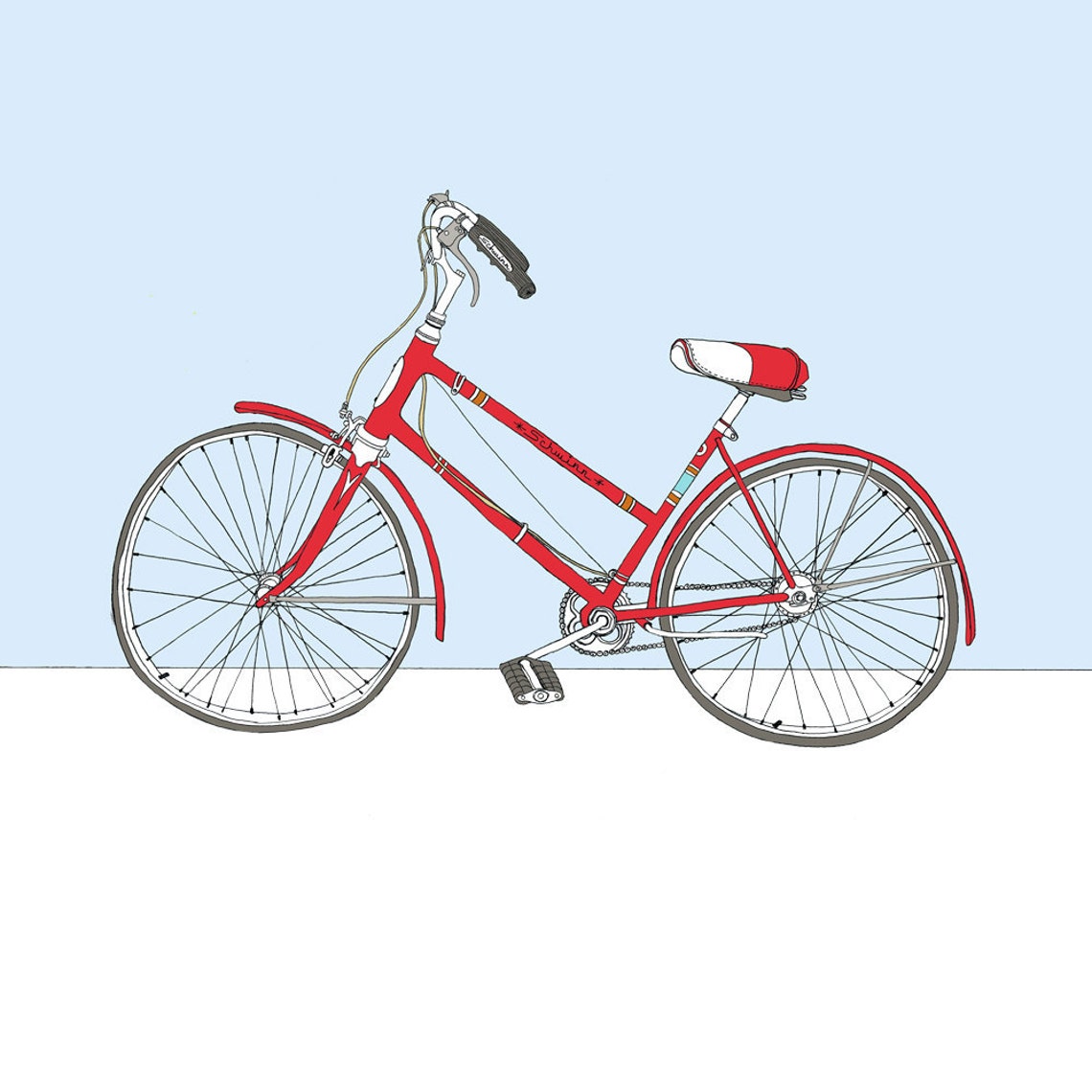 Bicycle Art. Red Schwinn Bicycle Illustration. - Etsy