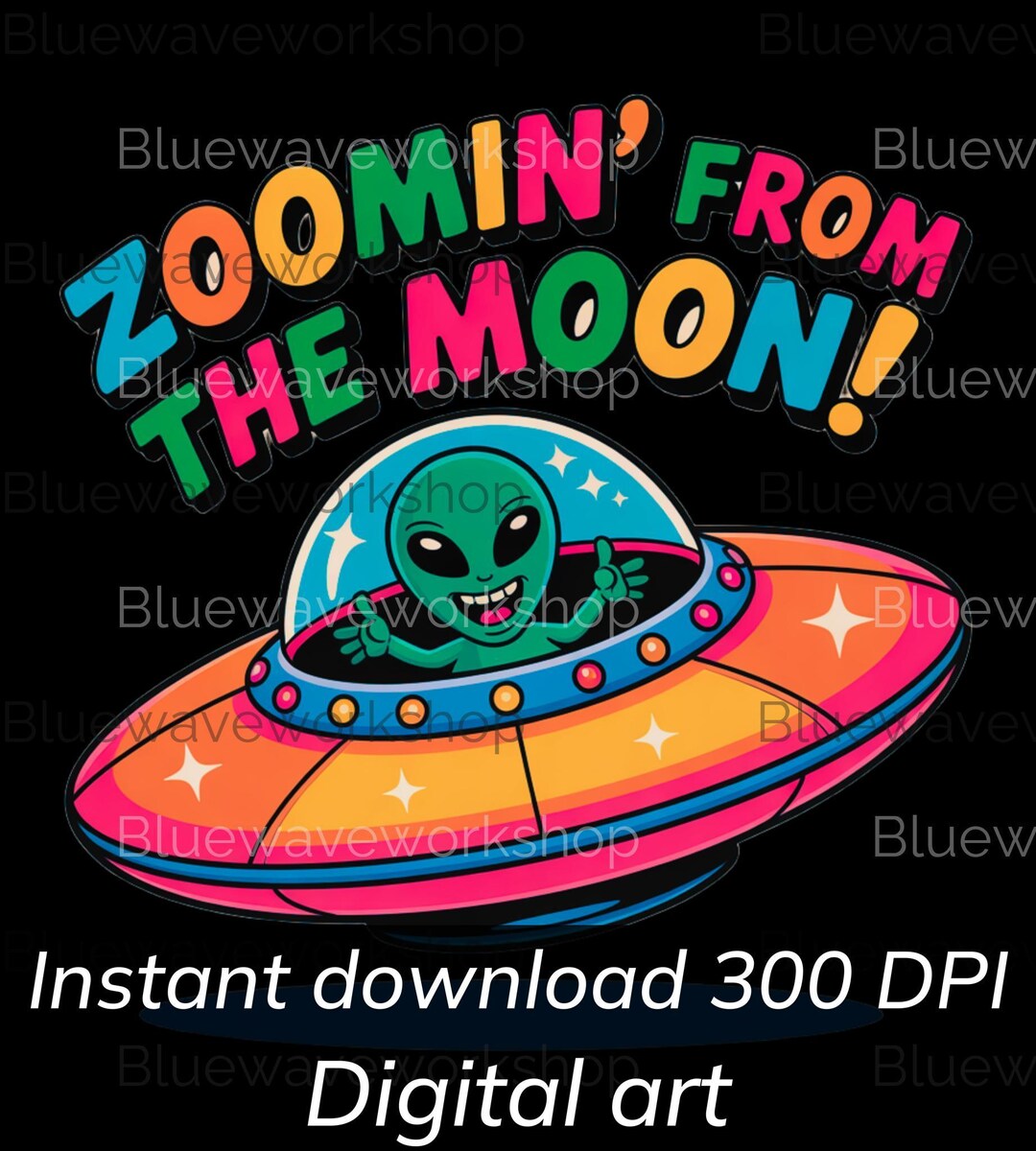 Zoomin' From the Moon! Colorful Cartoon Alien Flying Saucer Digital Art ...