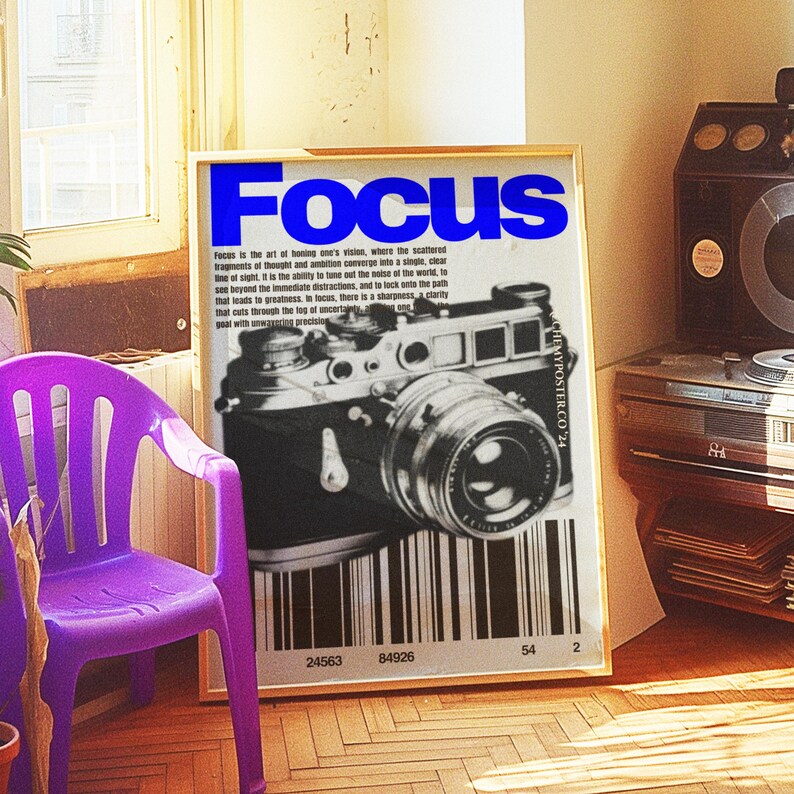 Brutalist Vintage Camera Poster With Barcode Black and White 'FOCUS ...