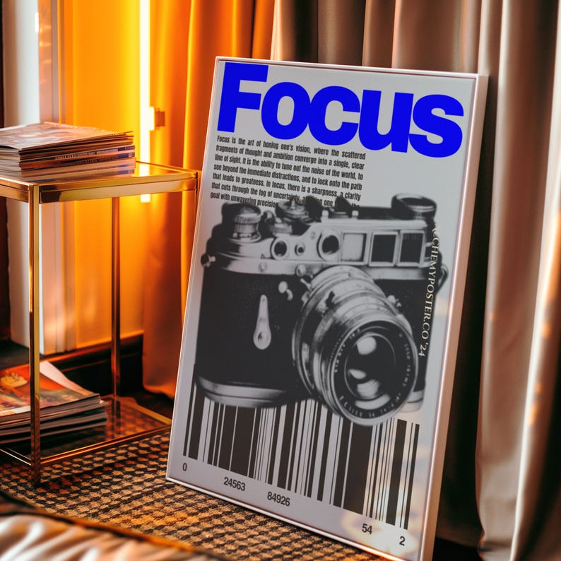 Brutalist Vintage Camera Poster With Barcode Black and White 'FOCUS ...