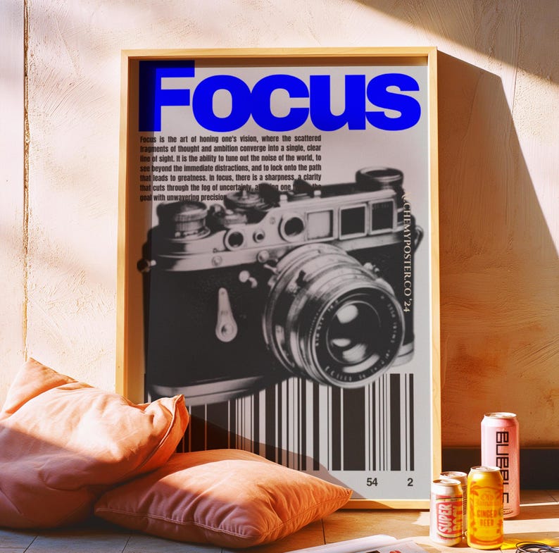 Brutalist Vintage Camera Poster With Barcode Black and White 'FOCUS ...