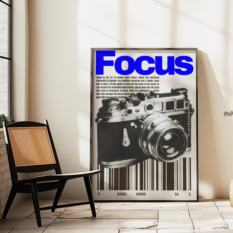 Brutalist Vintage Camera Poster With Barcode Black and White 'FOCUS ...