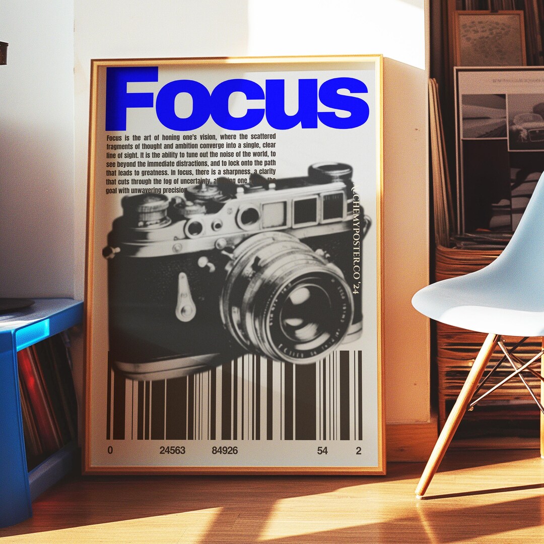 Brutalist Vintage Camera Poster With Barcode Black and White 'FOCUS ...