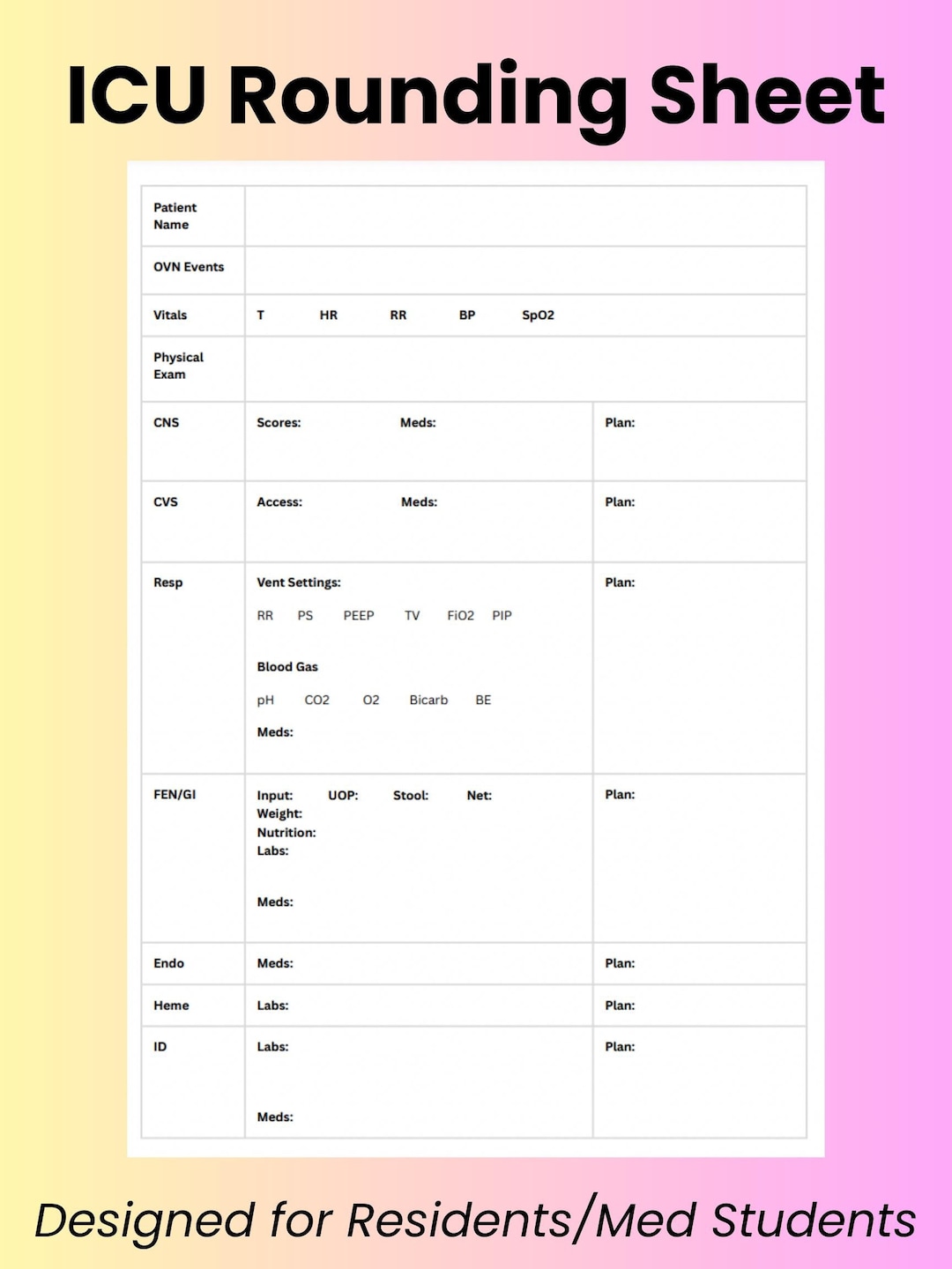 ICU Rounding Sheet for Medical Students/medical Residents/rns/nps - Etsy