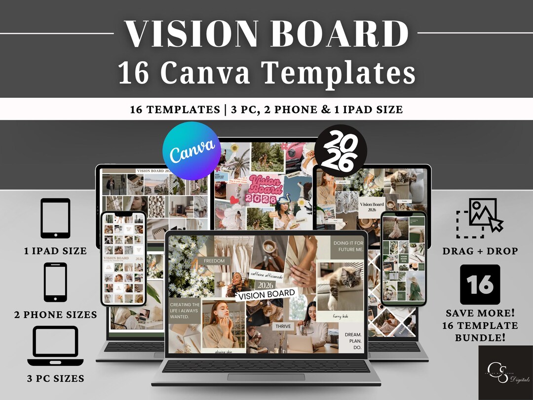 2026 Vision Board Canva Template Bundle - 16 Aesthetic Vision Board ...