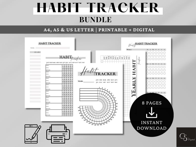Habit Tracker Printable Bundle, Printable Circle Habit Tracker, Yearly ...