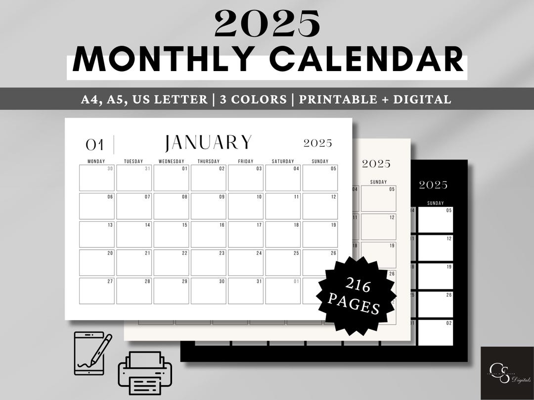 2025 Monthly Calendar Printable, Minimalistic Digital Monthly Planner ...