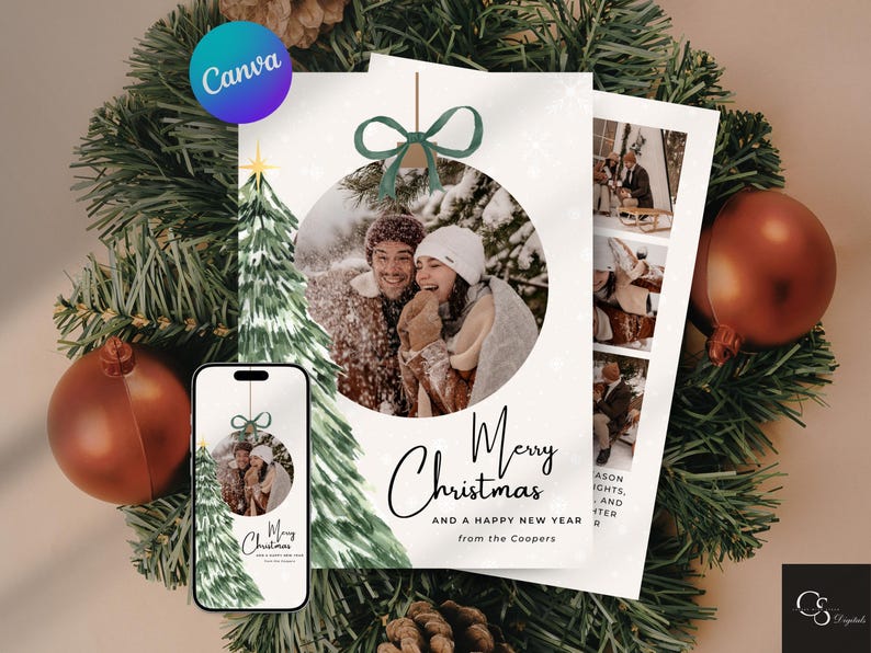 2025 Christmas Photo Card Template, Classic Green Watercolor Tree ...