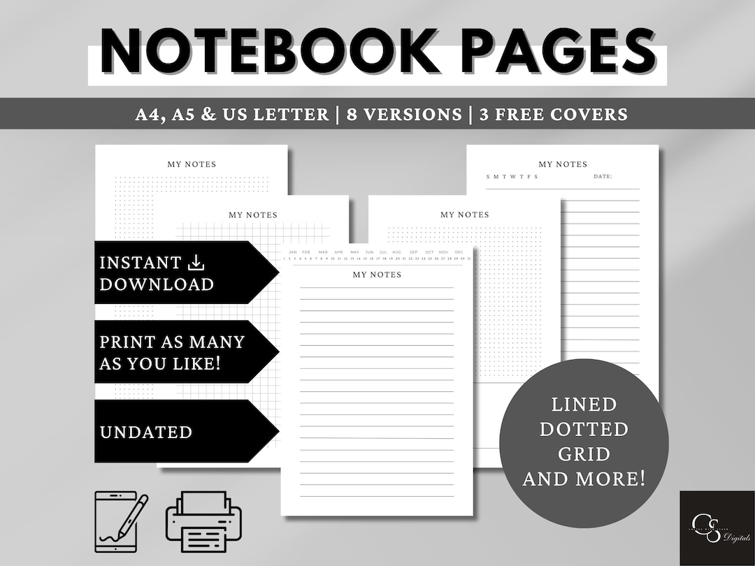 Printable Notes Pages Bundle Lined Paper Dotted Grid Notebook Pages A4 ...