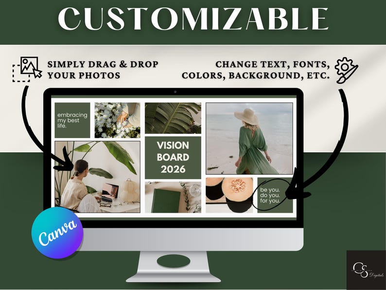 2026 Vision Board Template: Green Canva Mood Board, Wallpaper for ...