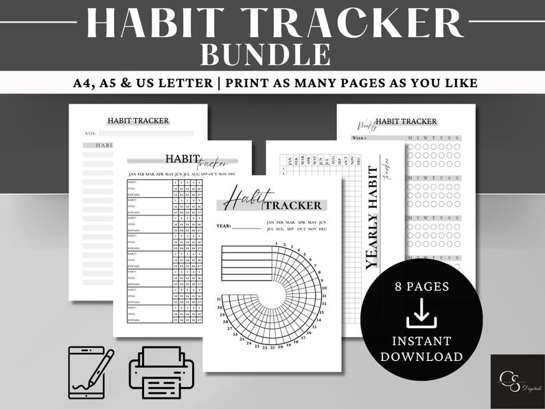 Printable Habit Tracker Bundle: Yearly, Monthly, Weekly (A4, A5, Letter ...
