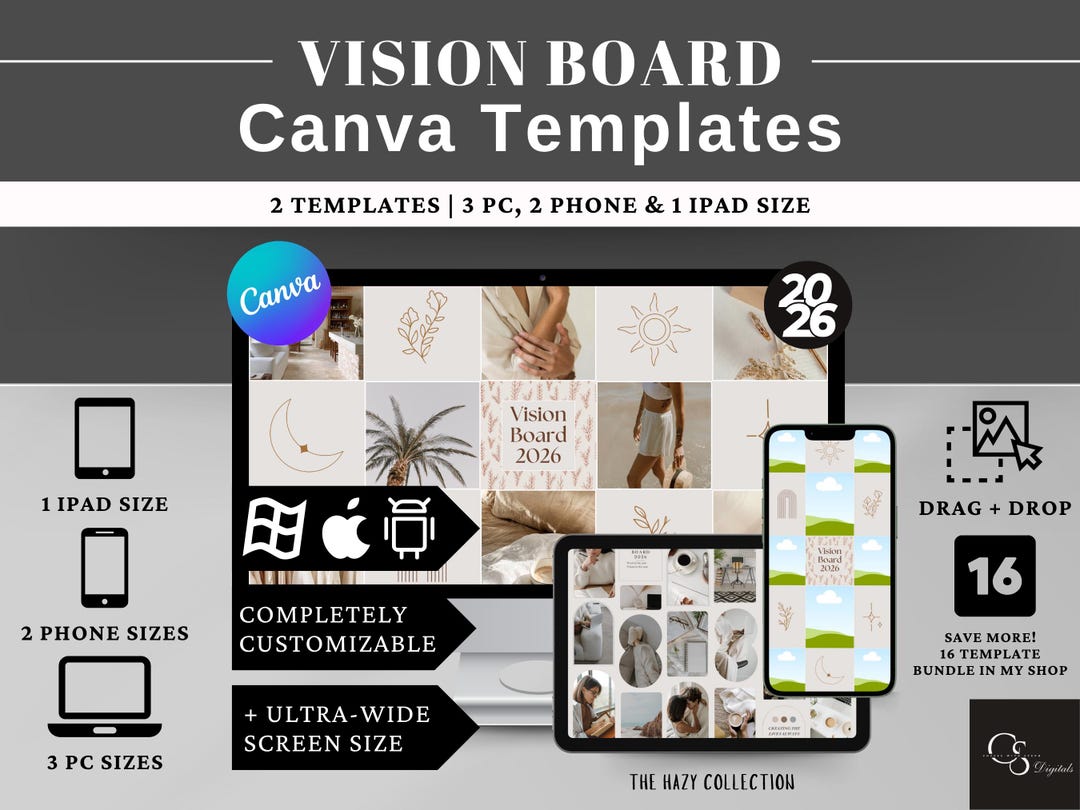 2026 Vision Board Canva Template: Boho Wallpaper for Desktop, Mobile ...
