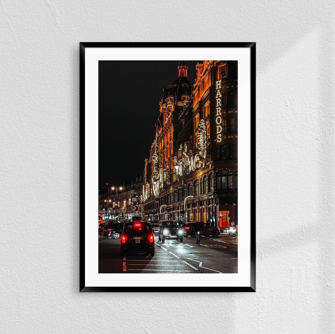 Harrods London at Night – Luxury Department Store Lights & Black Cab ...