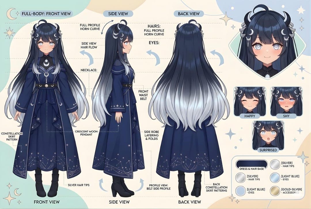 Customizable Kawaii Character Model Sheet, Anime V Tuber Concept Layout ...
