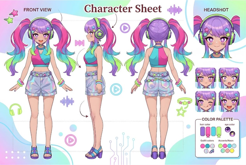 Customizable Kawaii Character Model Sheet, Anime V Tuber Concept Layout ...