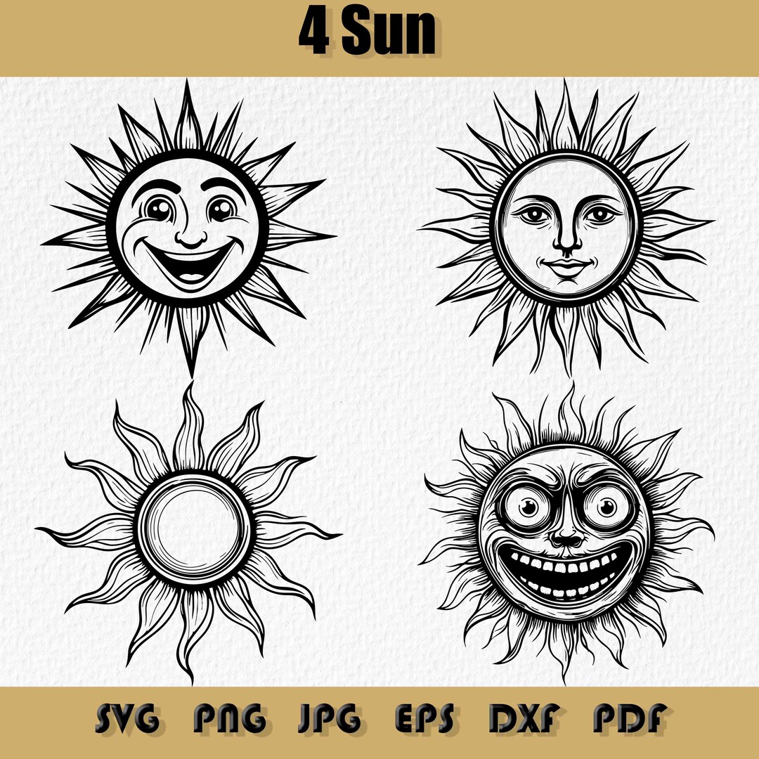 Celestial Sun SVG Bundle: Cheerful, Scary, Smiling Sun (digital ...