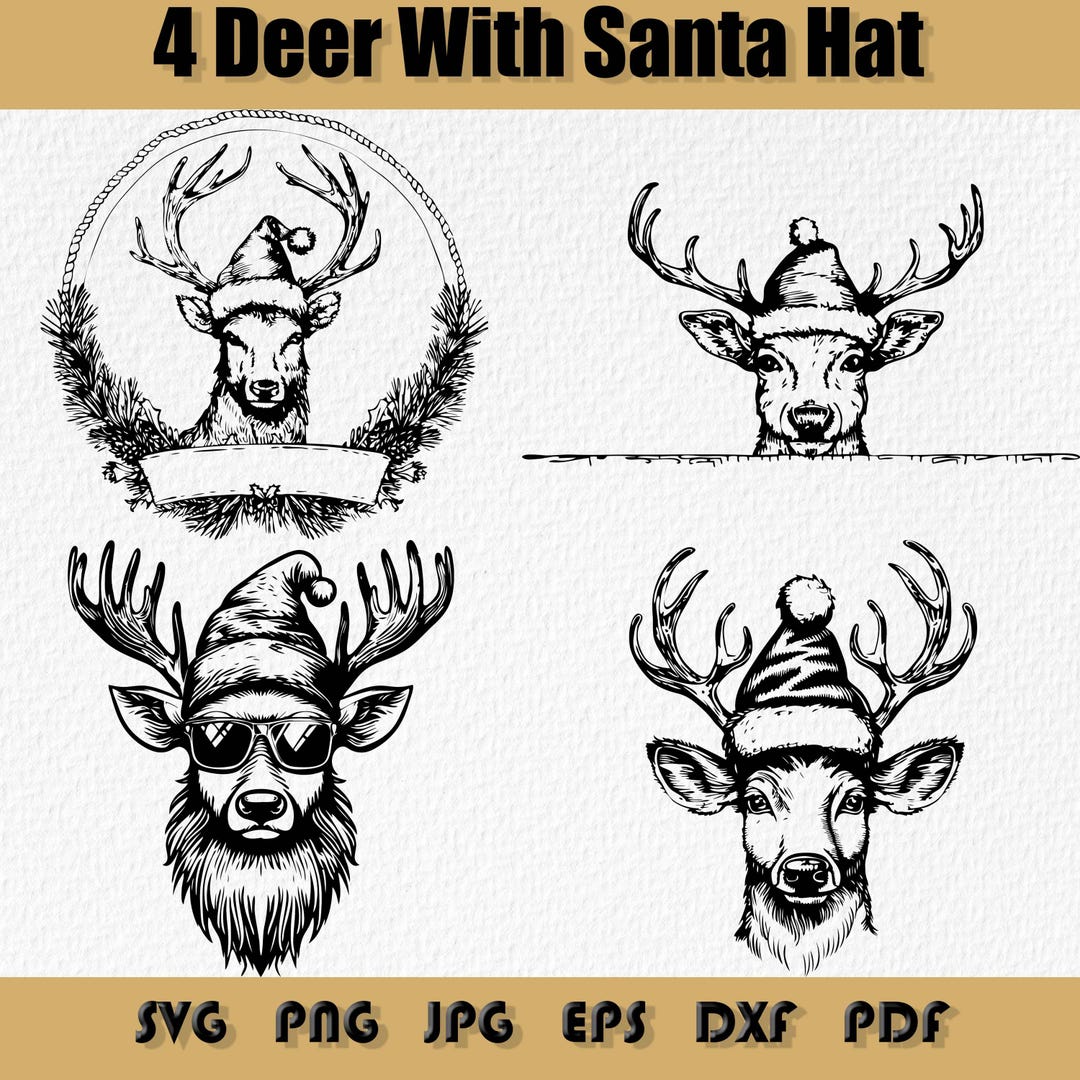 Deer With Santa Hat Svg Bundle, Png ,reindeer Svg, Christmas Svg Santa ...