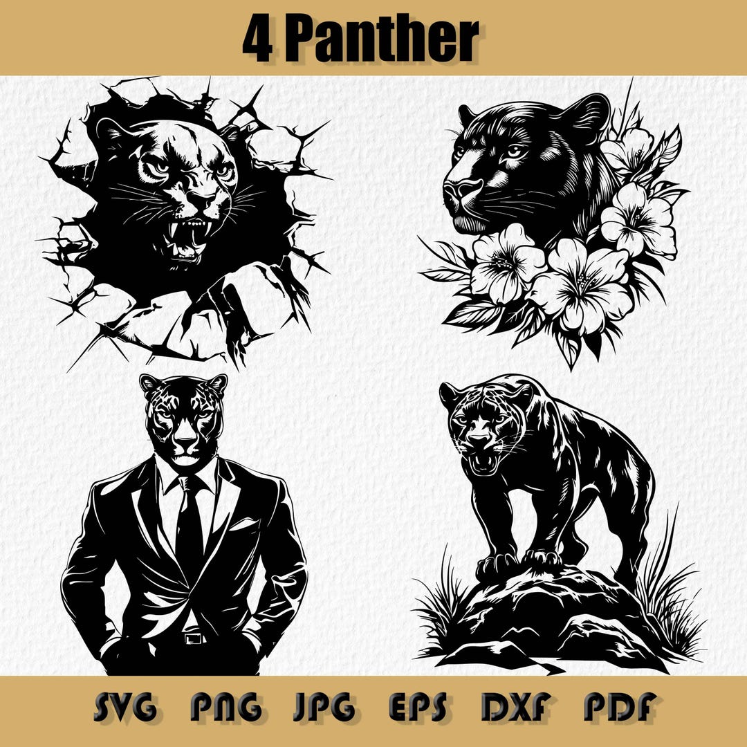 Panther Svg Bundle,black Jaguar Png,panther Roaring Clipart, Flowered ...