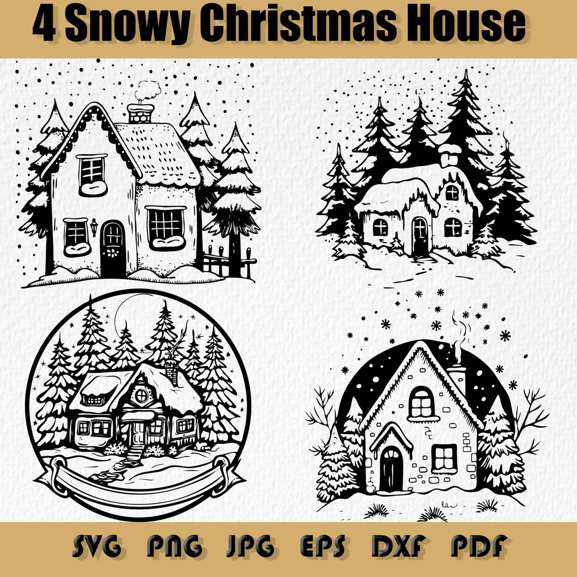 Snowy Christmas House SVG Bundle: Winter Cabin, Pine Trees (digital ...