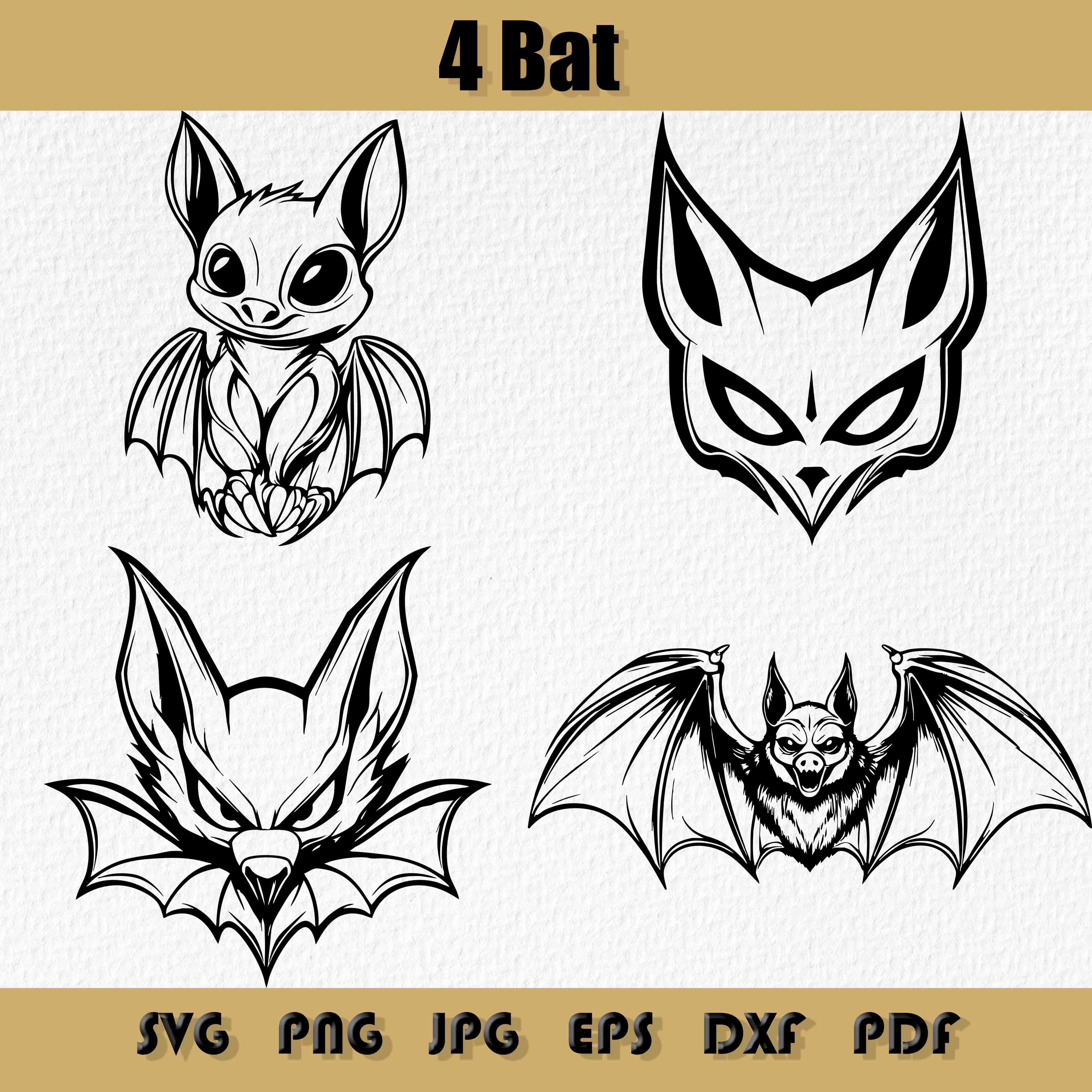 Scary Bat Svg Bundle,fierce Bat Head Illustration Svg, Black and White ...